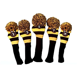 Majek Golf Club 1 3 5 7 X Yellow and Black Limited Edition Driver and Fairway Wood Head Covers Fits 460cc Drivers Tour Knit Retro Vintage Pom Classic Long Neck Metal Longneck Woods Headcovers