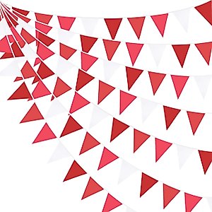 32Ft Red Pennant Banner Fabric Triangle Flag Bunting Garland Streamers for Wedding Engagement Bridal Shower Anniversary Bachelorette Birthday Party Home Outdoor Garden Hanging Festivals Decoration