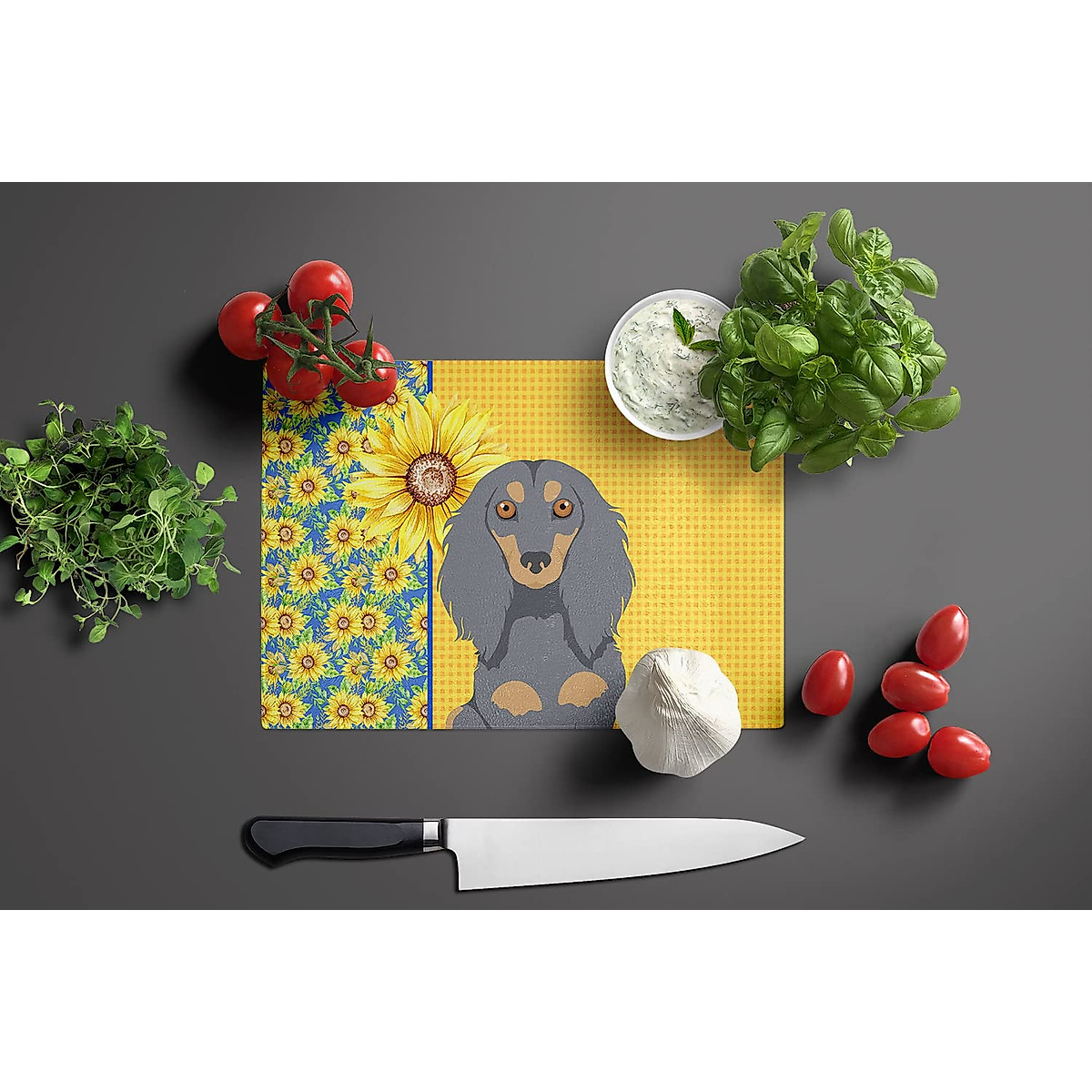 Caroline's Treasures WDK5391LCB Summer Sunflowers Longhair Blue and Tan Dachshund Glass Cutting Board Large Decorative Tempered Glass Kitchen Cutting and Serving Board Large Size Chopping Board