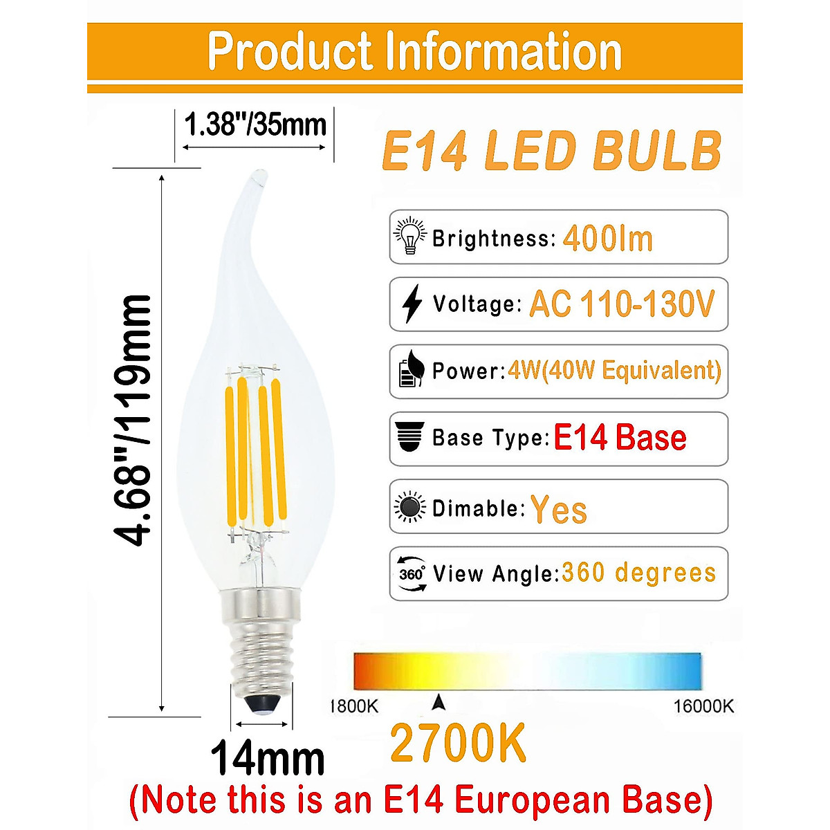 Lamsky E14 LED Bulb European Base 4W LED Chandelier Light Bulbs Dimmable 40W Equivalent,Flame Tip Candelabra LED Bulbs,110V 2700K Warm White,6 Pack