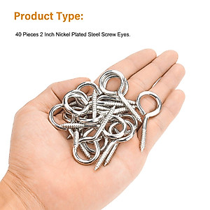 Powlankou 40 Pieces 2 inch Screw Eyes, Nickel Plated Steel Screw Eyes, Self Tapping Screw Hooks, Metal Eye Hooks, Eyelet Screws