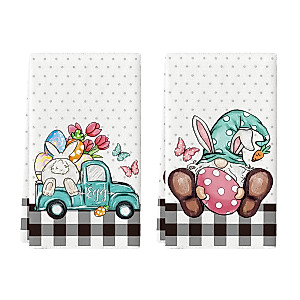 Artoid Mode Buffalo Plaid Gnome Egg Truck Bunny Rabbit Easter Kitchen Towels Dish Towels, 18x26 Inch Seasonal Spring Decoration Hand Towels Set of 2
