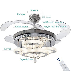 42" Modern Chandelier Fan Ceiling Fan with Lights and Remote Control for Bedroom Modern Ring Chandelier Fan with Retractable Blades for Foyer Chandelier
