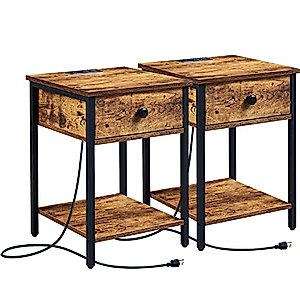 SUPERJARE Nightstand with Charging Station and USB Ports Set of 2, Side Table End Table with Drawer, Open Storage Shelf and Steel Frame, Bedside Table for Small Spaces, Rustic Brown