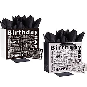 JWSCYSY 2Pcs White and Black Large Gift Bags with Tissue Paper, Happy Bithday Gift Bag for Men Women Birthday - 12.6" x 10.25" x 4.7".