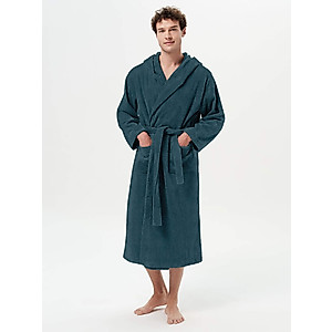 SIORO Terry Cloth Robes for Men Cotton Towel Hooded Bathrobe Long Bath Big & Tall Loungewear Bathroom Swimming Pool Bath Fluffy House Coat, Ink Blue X-Large