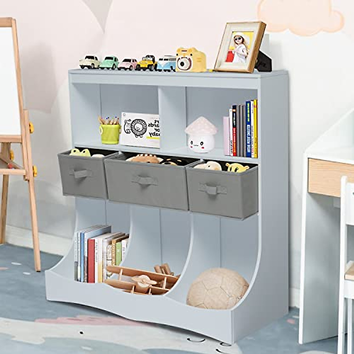 kinbor Kids Storage Organizer Bookcase - 3-Tier Toy Storage Cabinet Toddlers Bookshelf with 3 Removable Drawers, Baskets Multi Shelf Cubby for Nursery Activity Room Bedroom, White