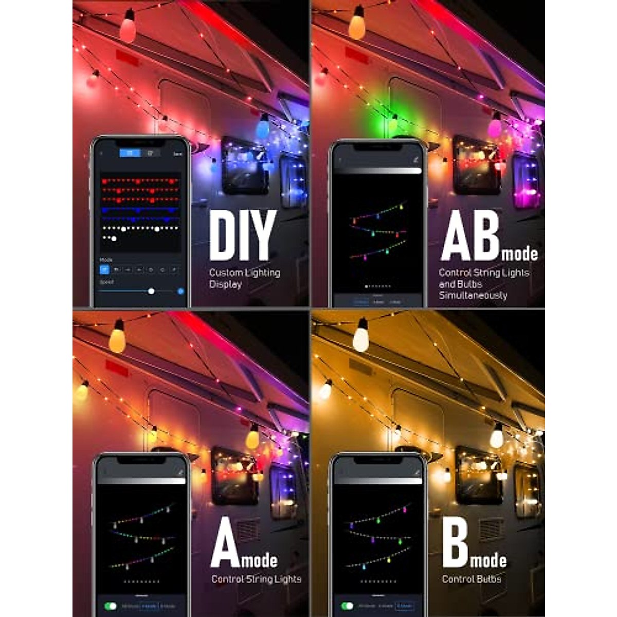 Outdoor String Lights Custom Modes - 50Ft Patio Lights with Rope Fairy App Control RGBW Smart Dimming Outside Light with Schedule Timer 84 LED 15 Edison Bulb for Backyard Garden Party Wedding Holidays