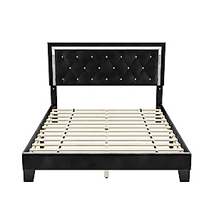 Queen Bed Frame, Diamond Tufted Upholstered Platform Bed Frame with Adjustable Headboard, Mattress Foundation with Wooden Slat Support, No Box Spring Needed, Easy Assembly (Queen, Black)