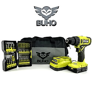 Ryobi Cordless 1/2 inch Drill Driver with 70 Piece Drill Bit Set, 18-Volt Lithium-ion Battery, Charger and Buho Tool Bag