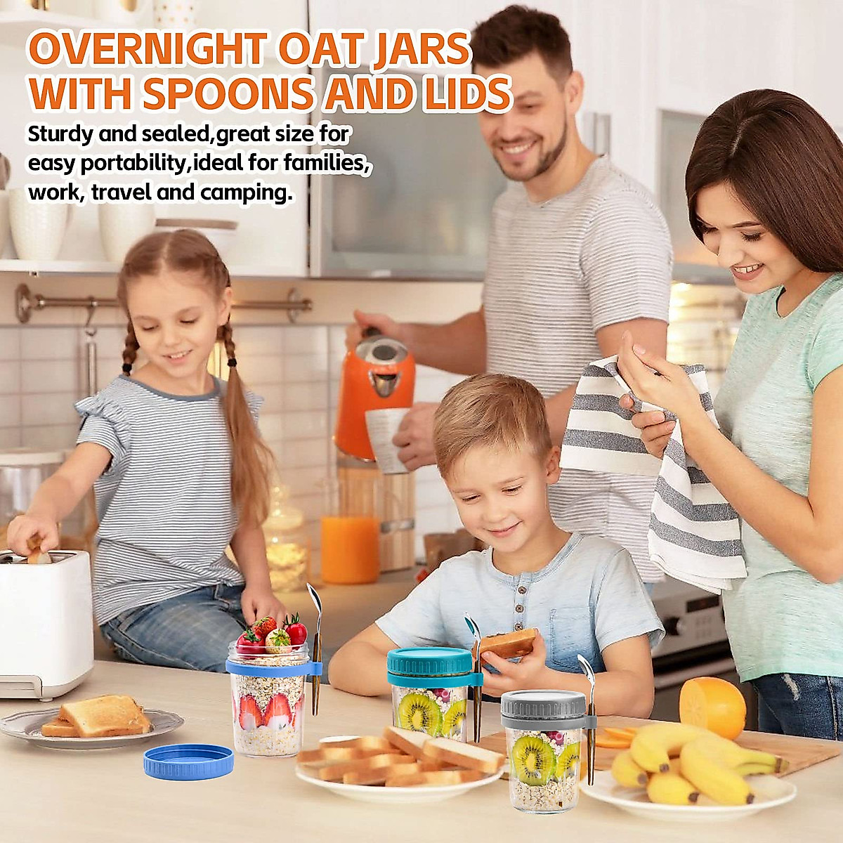 4 Pcs Portable Overnight Oats Containers with Lids and Spoons, 12 oz Mason Jars, Glass Jars with Measurement Marking, Reusable Yogurt Container for Cereal Fruit Salad