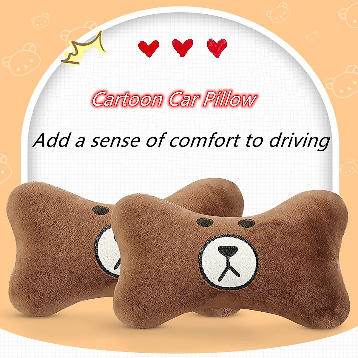 Azoepart 2PCS Car Cute Headrest Pillow Cartoon Car Neck Pillow Comfortable Soft Car Seat Plush Pillow Head Rest Cushion Universal Headrest Pillow for Travelling Car Seat and Home, Brown Bear