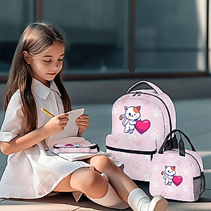 CUNEXTTIME Cat Backpack with Lunch Box, Set of 3 School Backpacks Matching Combo for Girls Boys, Cute Pink Bookbag and Pencil Case Bundle