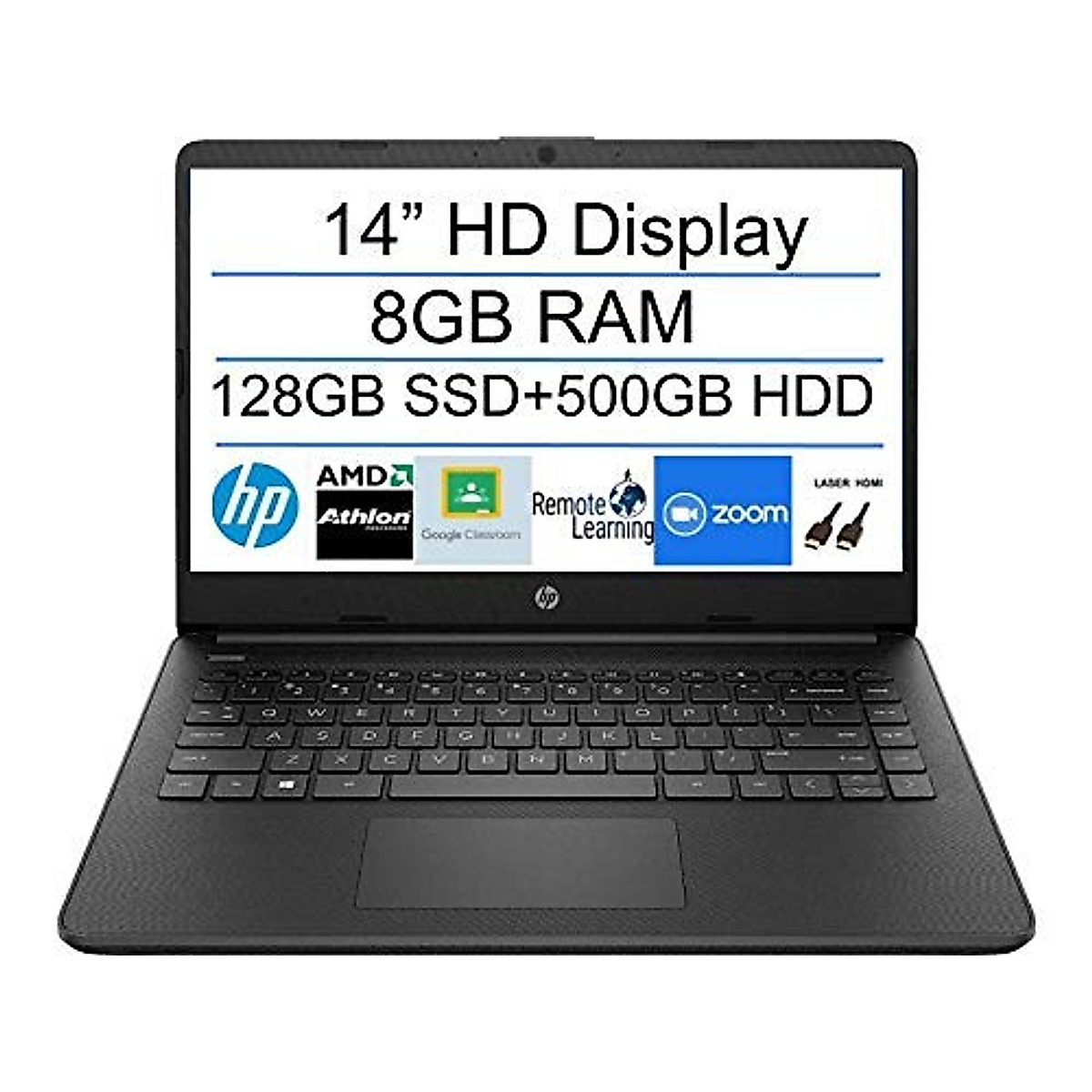 HP 14 Inch Premium Laptop, AMD Athlon Silver 3050U up to 3.2 GHz(Beat i5-7200U), 8GB DDR4 RAM, 128GB SSD+500GB HDD, Bluetooth, Webcam,WiFi,Type-C, HDMI, Windows 10 S, Black + Laser HDMI