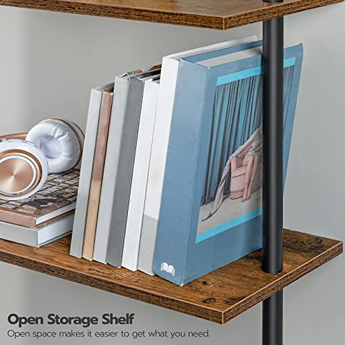 HOOBRO 6-Tier DIY Ladder Shelf and 4-Tier Wall Mounted Bookshelf Bundle, Office Vertical Bookcase Wooden Storage Shelves for Home Office, Bedroom, Rustic Brown and Black BF65CJ01-BF43CJ01