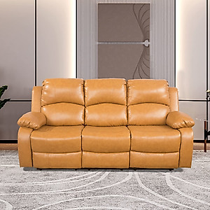 SIENWIEY Ginger Leather Reclining Sofa for Living Room Furniture, 3 Seater Sofa Double Recliner Couch with Drop Down Table/Two Cup Holders/Faux Leather