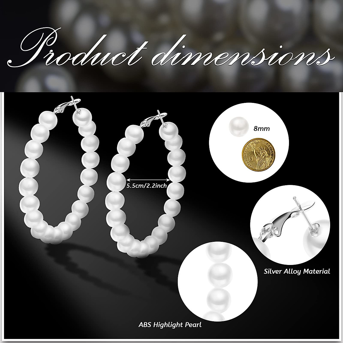 1950s Pearl Hoop Earrings White Pearl Earrings Drop Dangle Earrings for Women Bridal Presents (Silver Earpins,2.16 Inch)