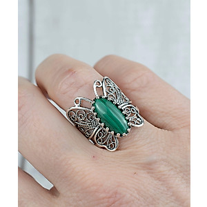 Filigranist Sterling Silver Filigree Art Butterfly Women Cocktail Ring with Gemstones (Malachite, 9)