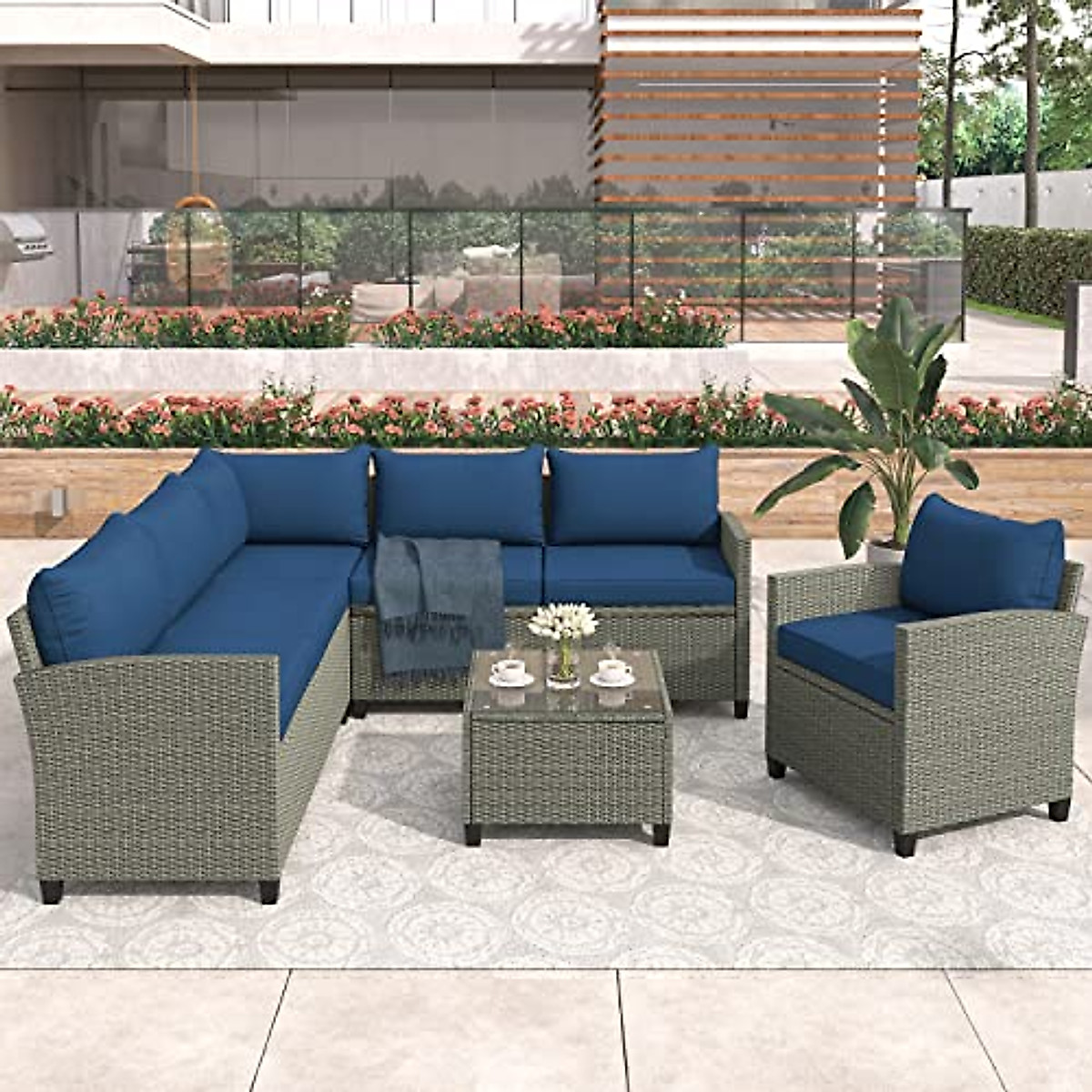 EMKK Outdoor Patio Furniture Conversation Set 5 Pieces All Weather PE Wicker Rattan Sectional Sofa Couch with Cushions and Glass Table for Lawn, Backyard, Garden, C-Blue