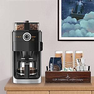 Ismosm Coffee Station Organizer, Farmhouse Coffee Bar Accessories Organizer Basket for Countertop, Office Coffee Station, Wooden Tray for Coffee Supplies and Essentials, Sugar, Syrup,Tea (Brown)