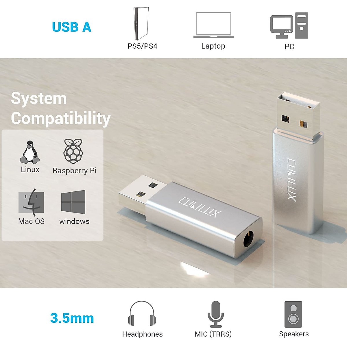 Cubilux USB to 3.5mm Audio Adapter with 192KHz/24bit DAC, USB A to 1/8” TRRS Stereo Combo Headphone Jack Dongle Compatible with Mac Pro/Mini, PS5 PS4, Windows Linux Laptop PC Computer Raspberry Pi