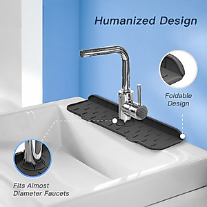 WINALLO Silicone Faucet Mat for Kitchen Sink Splash Guard Silicone Faucet Handle Drip Catcher Tray Sink Protector Pad for Countertop Kitchen Sink Bathroom Bar, Dark Grey