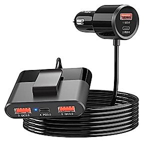 Multi 5 Ports USB C Car Charger, 74W QC3.0 & PD3.0 Type C Cigarette Lighter Adapter Front and Back Seats Fast Charger with 5FT Cable for Samsung Galaxy S21/20, iPhone, Google Pixel, iPad Pro and More