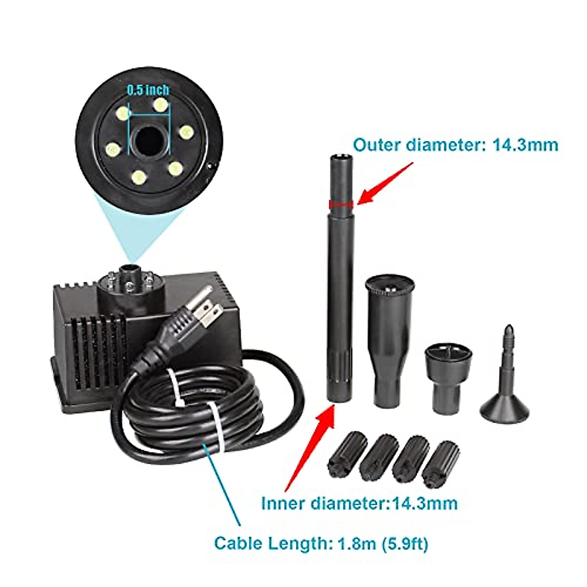 GBGS 10W 160GPH Submersible Water Pump with 2 Water Patterns (Blossom and Mushroom) Outdoor Aquarium Waterfall Fountain for Fish Tank, Pond, Garden, Yard (6 White LED, Telescopic Tube )