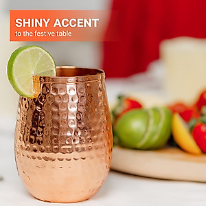 Copper wine glasses set of 4 – 17oz gleaming 100% solid hammered copper stemless wine cups – Valent for men and women – great copper tumblers for red or white wine and Moscow mules.