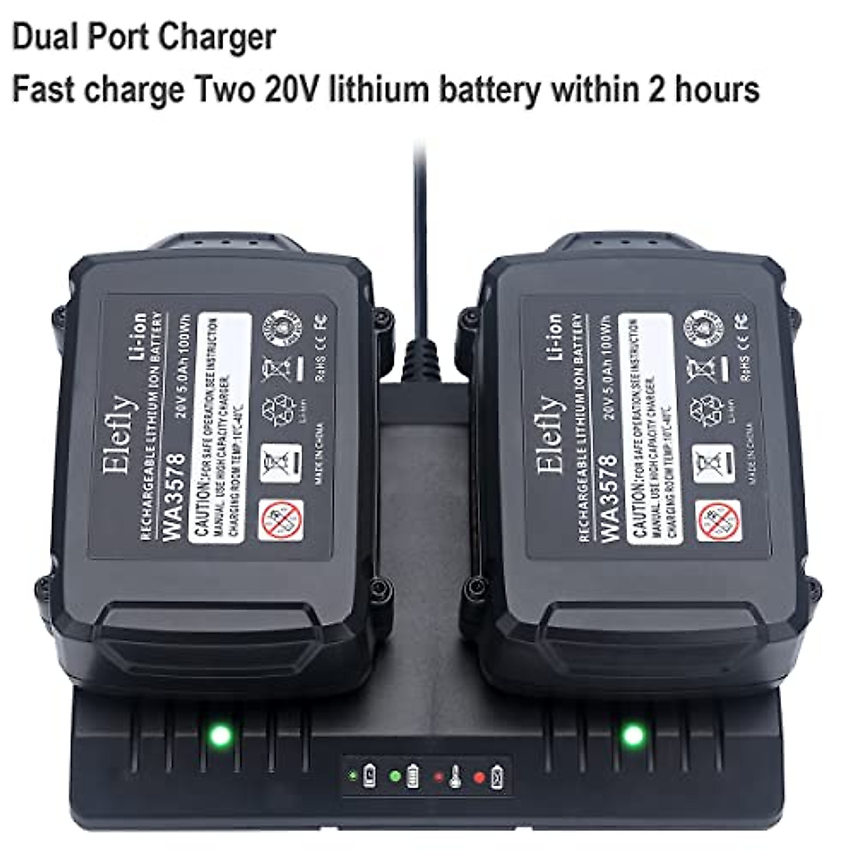 Elefly 20V Dual Port WA3875 Charger Compatible with Worx 18V/20V Lithium Battery WA3578 WA3525 WA3520 WA3575 WA3512 WA3770 WA3881 WA3742