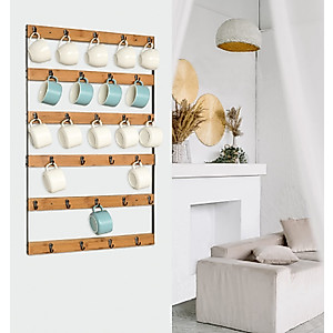 Aomomery Coffee Mug Rack,Rustic Coffee Mug Holder Wall Mounted,Bamboo Coffee Cup Holder with 27 Mug Organizer Hooks,Large 6-Tier Mug Display for Kitchen