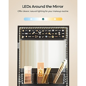 SONGMICS Jewelry Cabinet Armoire Organizer with LED Lights, Wall-Mounted Storage Cabinet with Full-Length Frameless Mirror, Built-in Makeup Mirror, 2 Drawers, Lockable, Black UJJC013B01