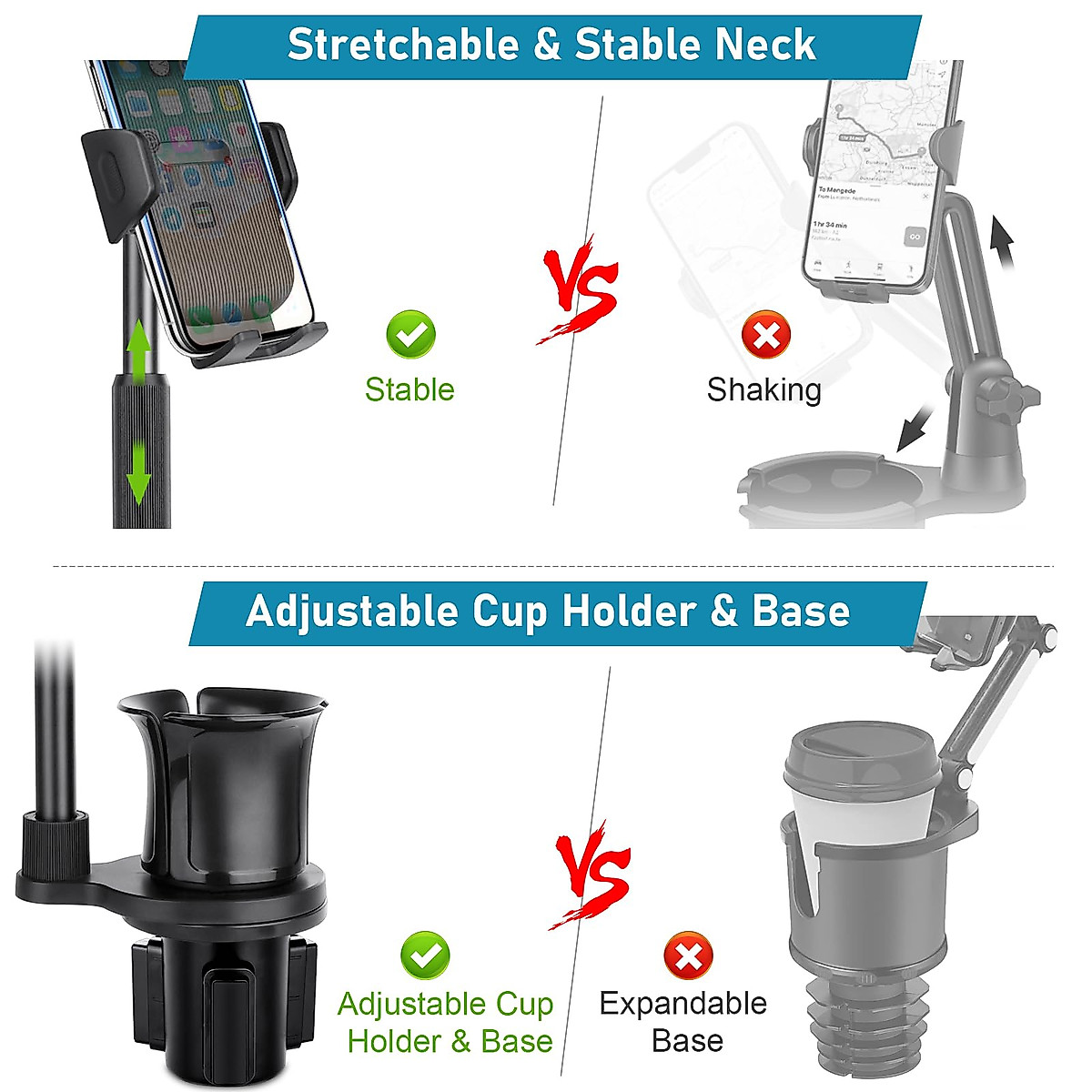 Uncaddn 2 in 1 Cup Phone Holder for Car, Stretchable Long Neck, Compatible with iPhone 14 Pro Max, Galaxy S10 Plus, and More