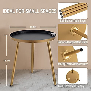 AOJEZOR Round End/Side Tables for Living Room, Bedrooms Narrow Night Stands Cute Pedestal Plant Stand for Balcony, Black Tray with 3 Legged Gold Coffee/ Accent Table