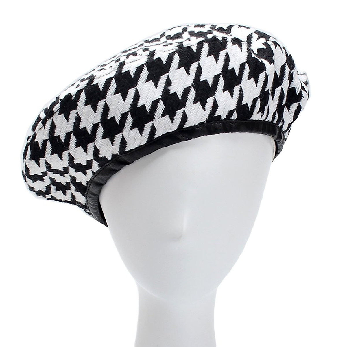 Qiabao Women's Luxury Houndstooth Pattern Beret Beanie Hat (Black/White)