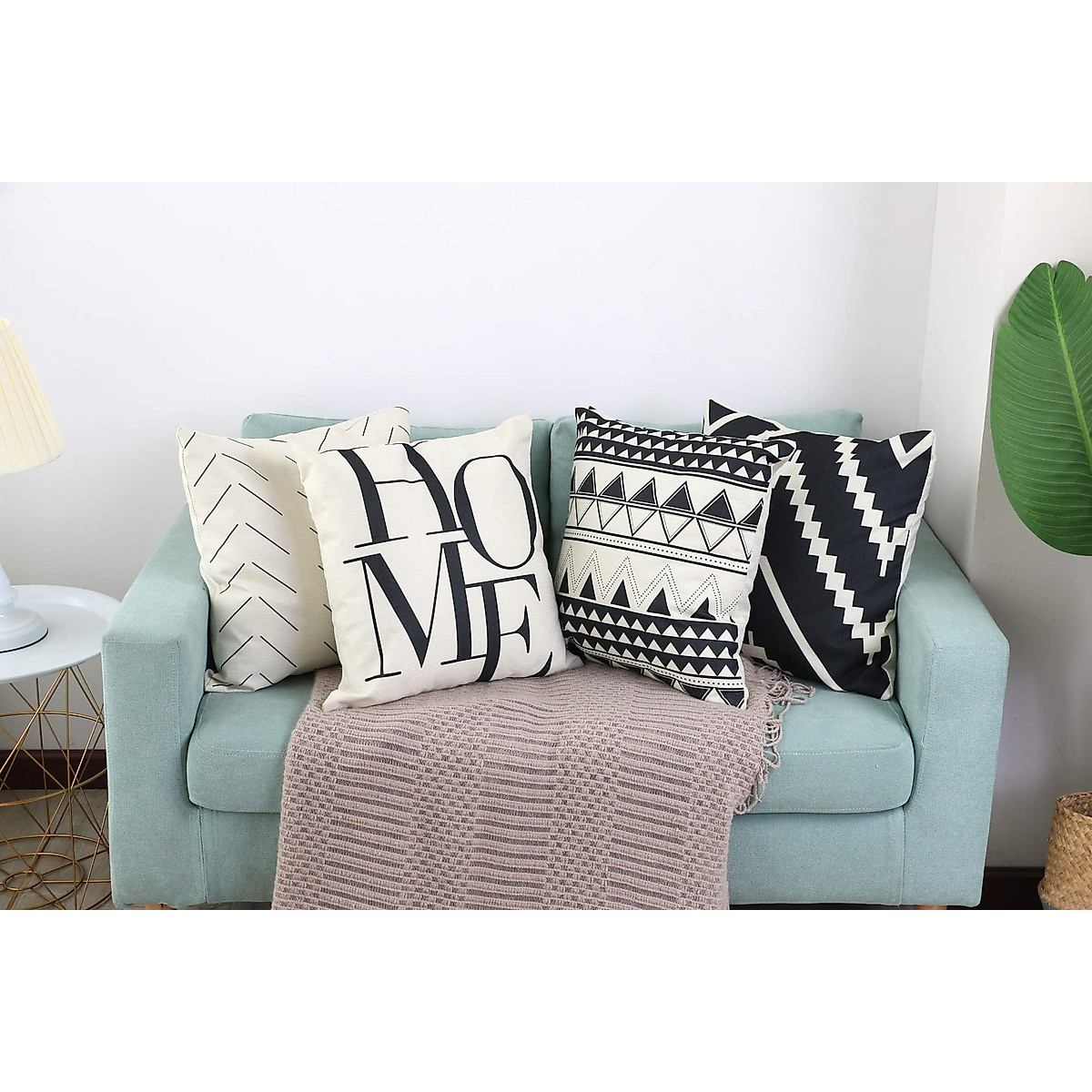 Set of 4Throw Pillow Covers Decorative 20x20 Inch for Couch, Large Black and White Square Outdoor Accent Pillows Cover Case for Bed Cushion and Living Room Farmhouse Decoration (Black0150)