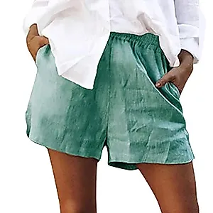 New Beach Shorts, Thenlian Women's Fashion Solid Color Cotton Flax Elastic Short Pants Leisure Shorts(XXXXL, Blue)