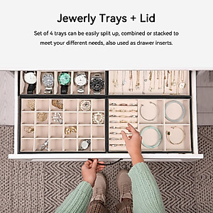 Voova Stackable Jewelry Organizer Tray with Lid, PU Leather Jewelry Storage Holder for Drawer Inserts, Jewellery Display Box Case for Earring Necklace Ring Watch Bracelet (Set of 4, Black)