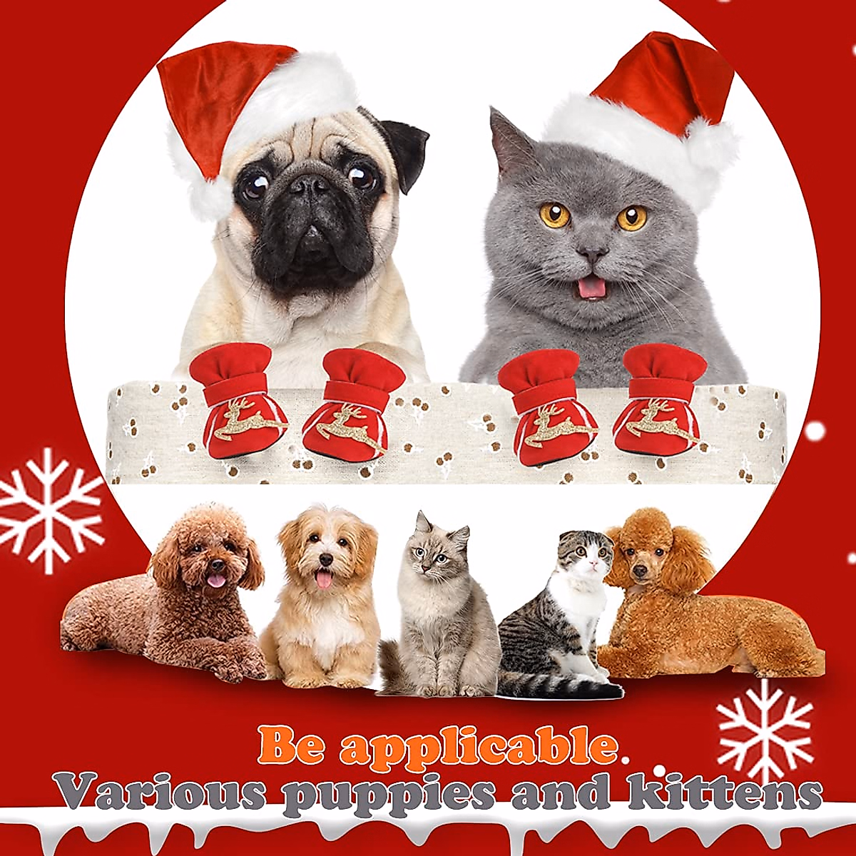 Kroiuain 2 Pairs Santa Red Detachable Closure Christmas Puppy Cute Dog Winter Shoes Boots (L)