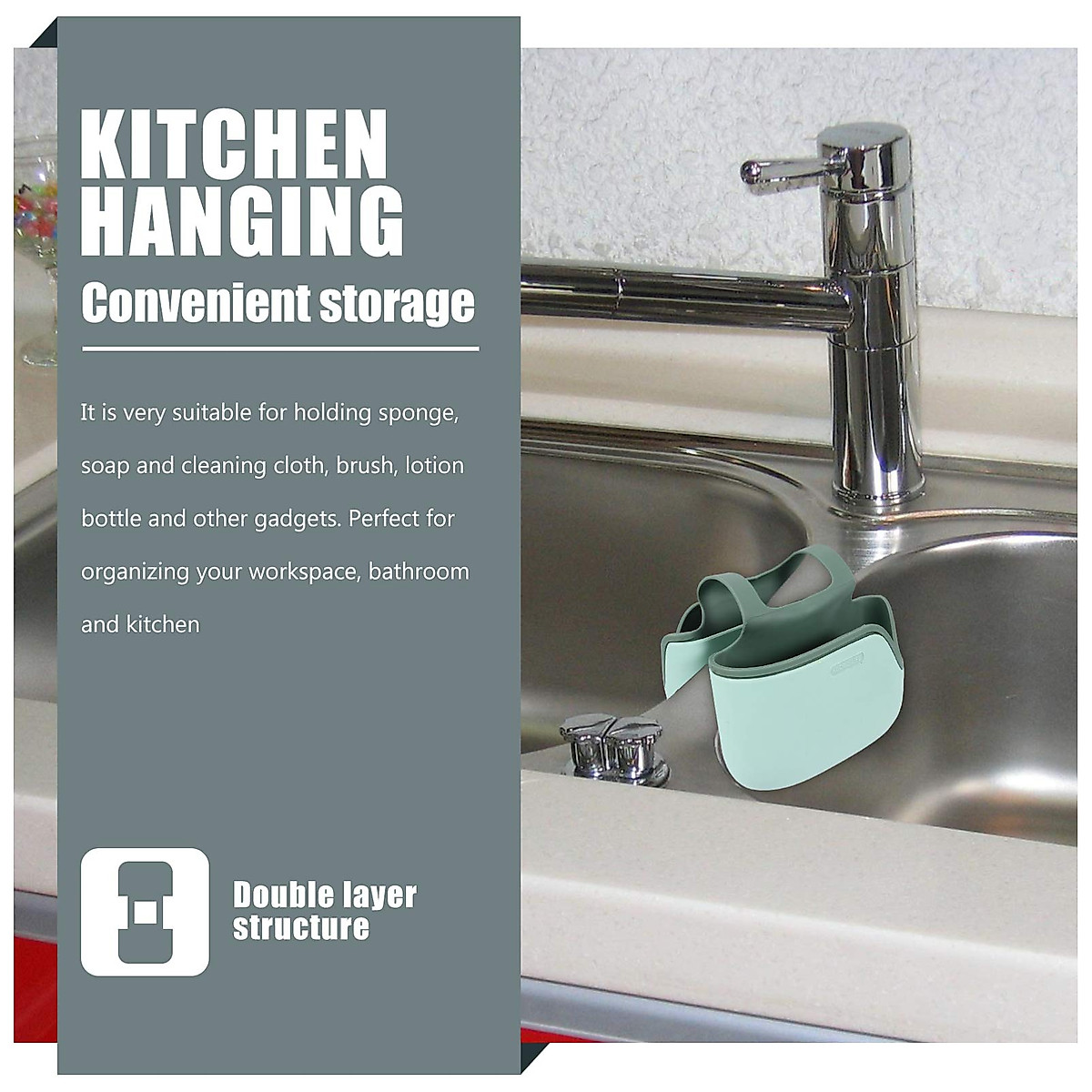 Hemoton Kitchen Sink Caddy Sponge Holder Rack Cleaning Cloth Hanging Bag Soap Holder Saddle Faucet Caddy Kitchen Organizer (Green)