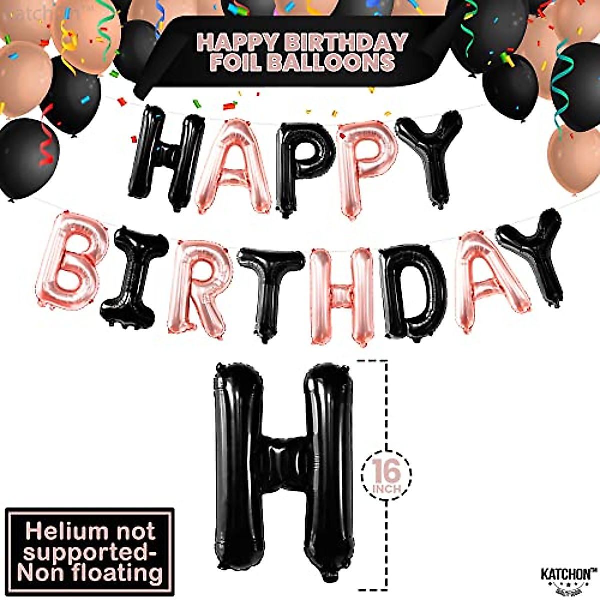 KatchOn, Happy Birthday Balloons - 16 Inch | Black and Rose Gold Happy Birthday Balloon for Happy Birthday Decorations | Black and Rose Gold Party Decorations | Black and Rose Gold Party Supplies