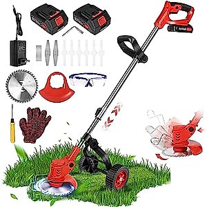 Weed Wacker Battery Operated Edger Trimmer 21V 2000mAh, Electric Weed Eater Cordless Brush Cutter, 3-in-1 Lawn Edger Grass Trimmer Adjustable Mini Lawn Mower, 8 Blades, 1 Wheel, 2 Batteries,1 Charger