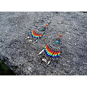 Native American Inspired Chip Stone Round Silver Metal Hoop Beaded Dangle Earrings - Womens Fashion Handmade Jewelry Tribal Accessories (Teal/Rainbow)