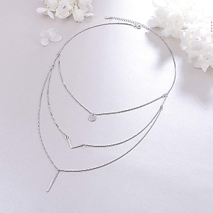 DAOCHONG S925 Sterling Silver Triple Layer Pendant Choker Necklace for Women 16"+2" (A)