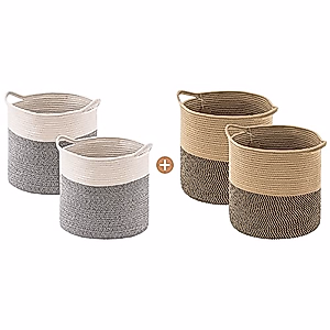 YOUDENOVA Cotton Rope Cube Storage Baskets, 13x13 Round Woven Baskets 4 Pack, Grey & Black Bundles