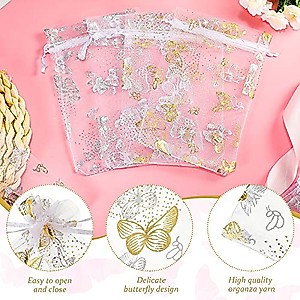 Outus 100 Pieces Butterfly Organza Drawstring Gift Bags 4 x 6 Inch Butterfly Jewelry Pouch White Drawstring Organza Candy Bags for Wedding Festival Christmas Party Favor Supply, Silver and Gold