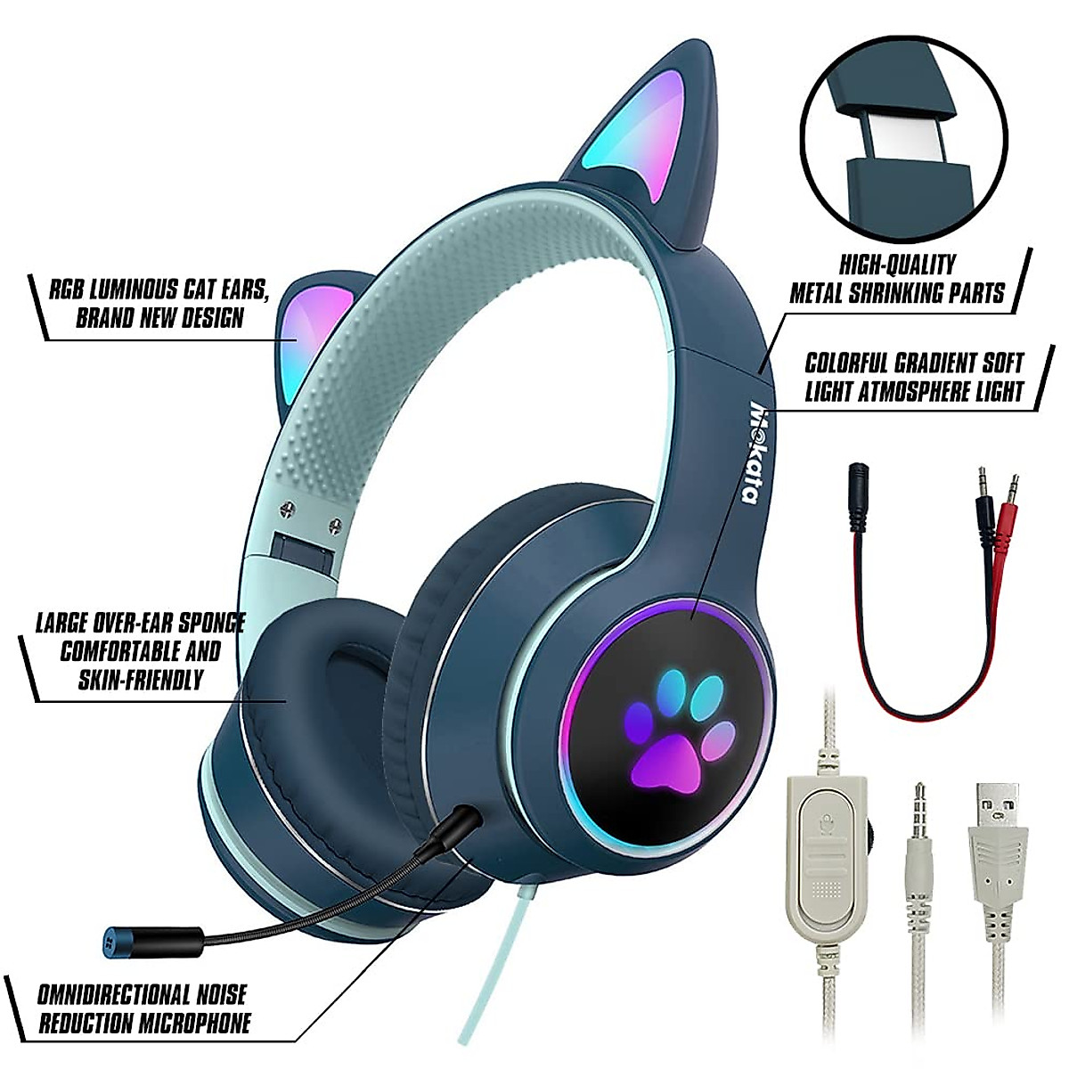 Mokata Gaming Headphone Wired AUX 3.5mm Over Ear Cat LED Light Fit Adult & Kids Foldable Stereo Headset Earmuffs with Microphone for PC PS4 Game Cellphone Laptop Pad H02 Navy Blue