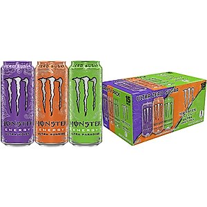 Monster Energy Ultra Variety Pack, Ultra Violet, Ultra Sunrise, Ultra Paradise, Sugar Free Energy Drink, 16 Ounce (Pack of 15)