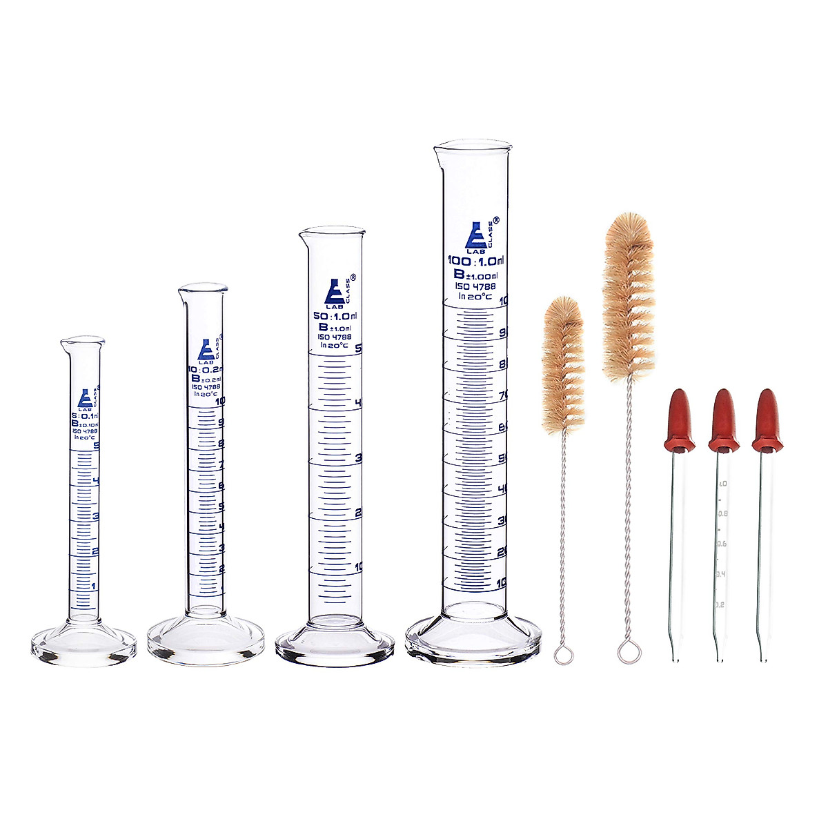 EISCO Graduated Cylinder Set, 9 Pieces - Class B - 5ml, 10ml, 50ml, 100ml Thick Borosilicate 3.3 Glass Cylinders, 3 Glass Droppers, 2 Cleaning Brushes