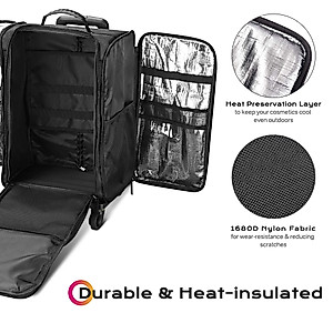BYOOTIQUE Rolling Makeup Train Case Soft Sided Makeup Storage Cosmetic Organizer Carry on Travel Trolley Suitcase with Heat Isolation Side Pocket 6 Removable Bag for Makeup Artist Hairstylist, Black